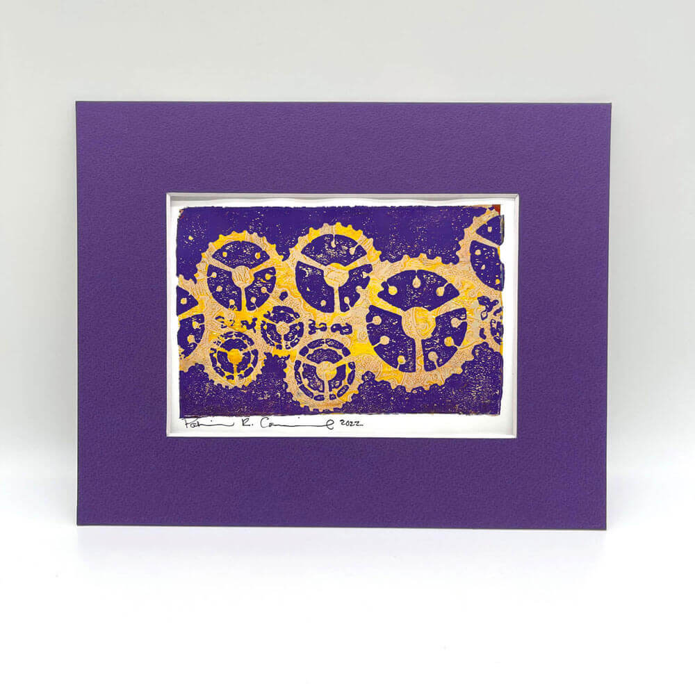 Purple Yellow Gold Cogs | Monoprinted Gel Print - PM Artist Studio