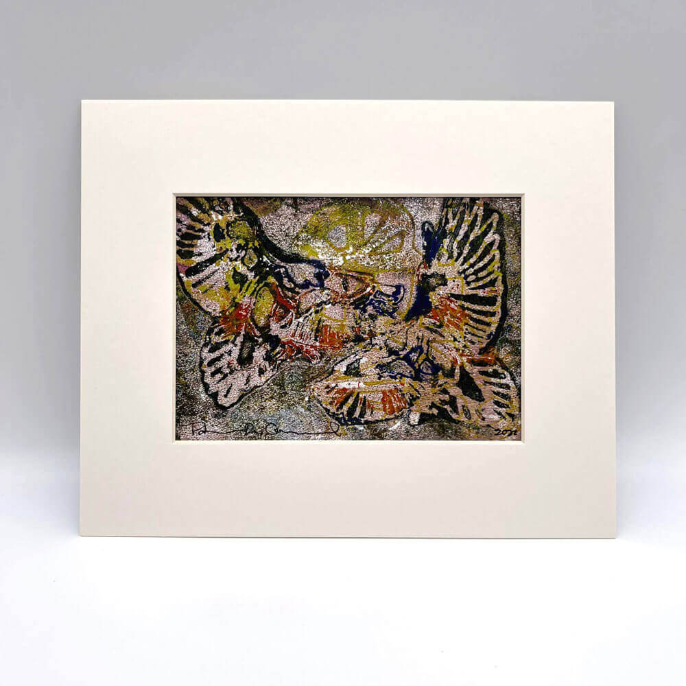 Two Crows In Flight Rusty Prussian Lime | Monoprinted Gel Print - PM ...